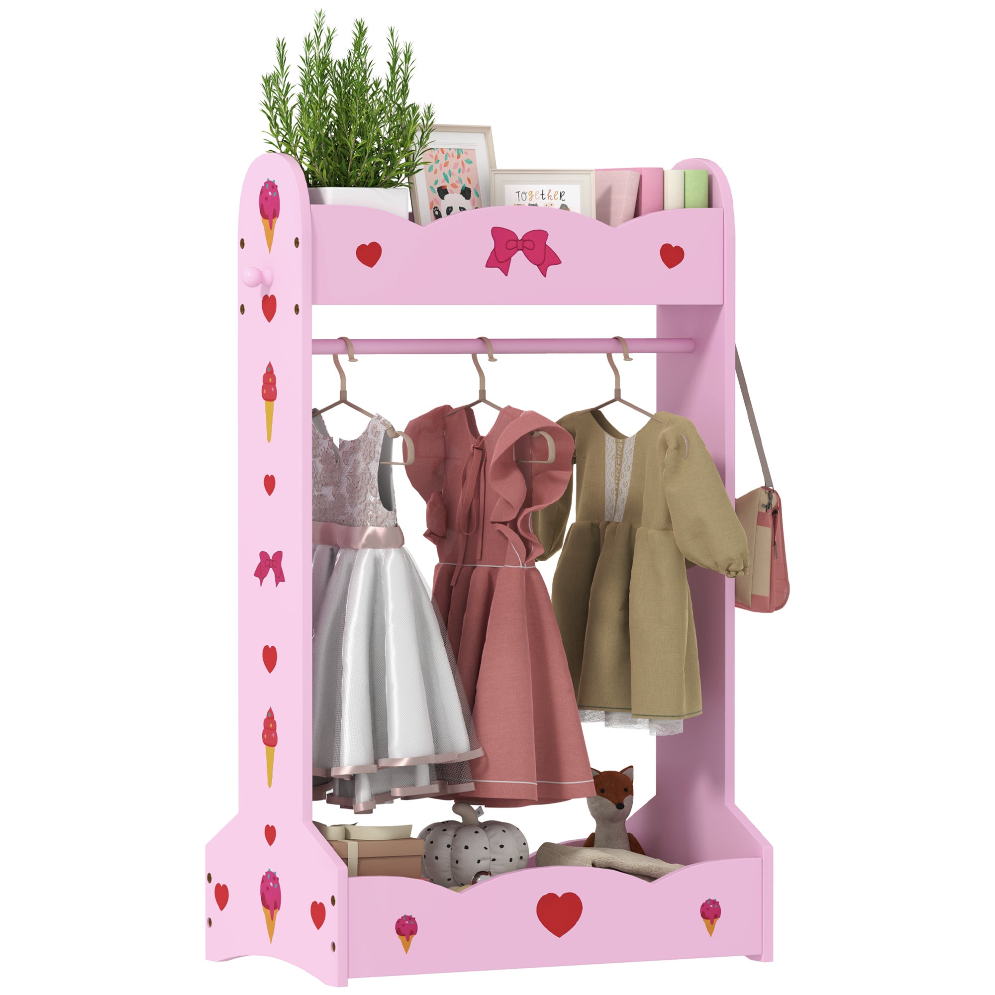Kids Clothes Rail with 2 Storage Shelves for 3-8 Years Old, Hot Pink