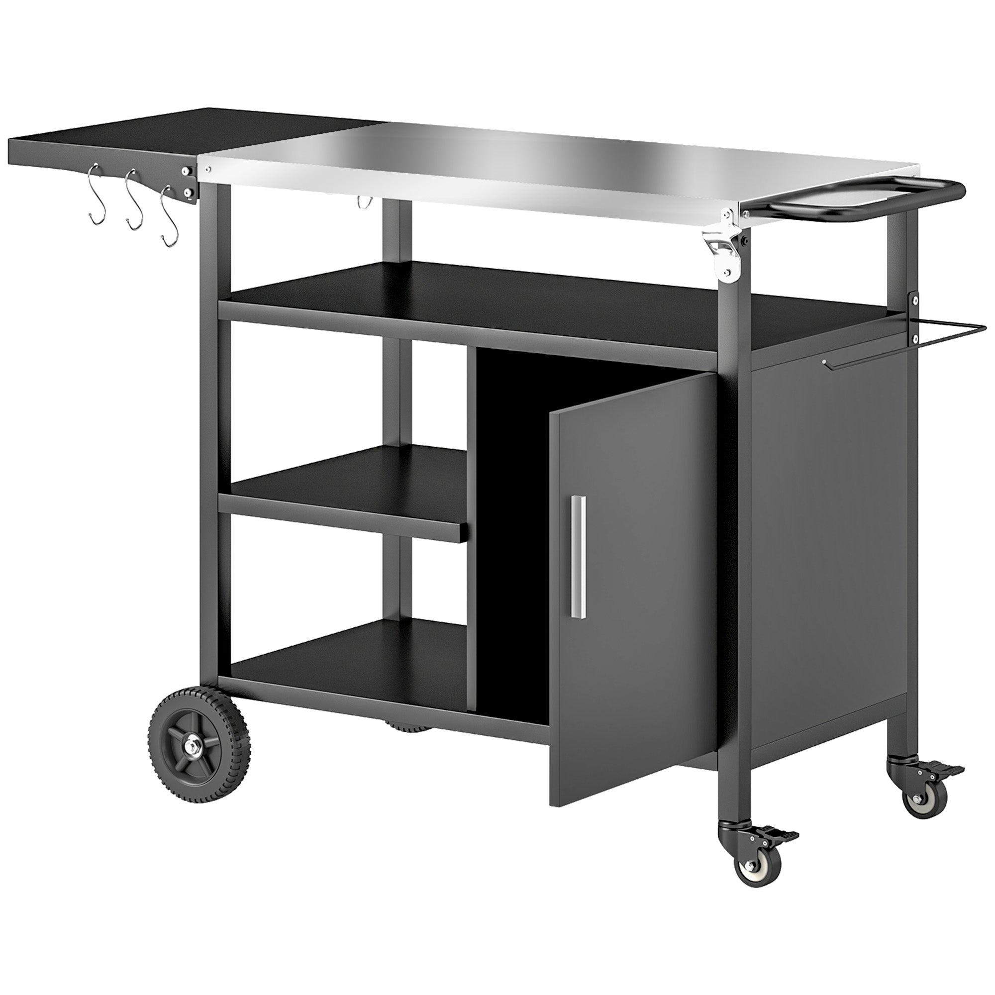 Outdoor BBQ Trolley with Foldable Side Table, Stainless Steel Top, Out