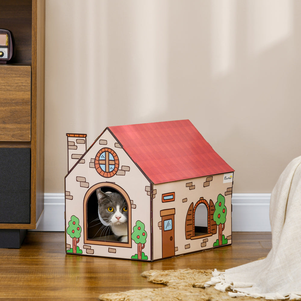Two-In-One Cat House and Scratching Board with Catnip for Indoor Cats ...
