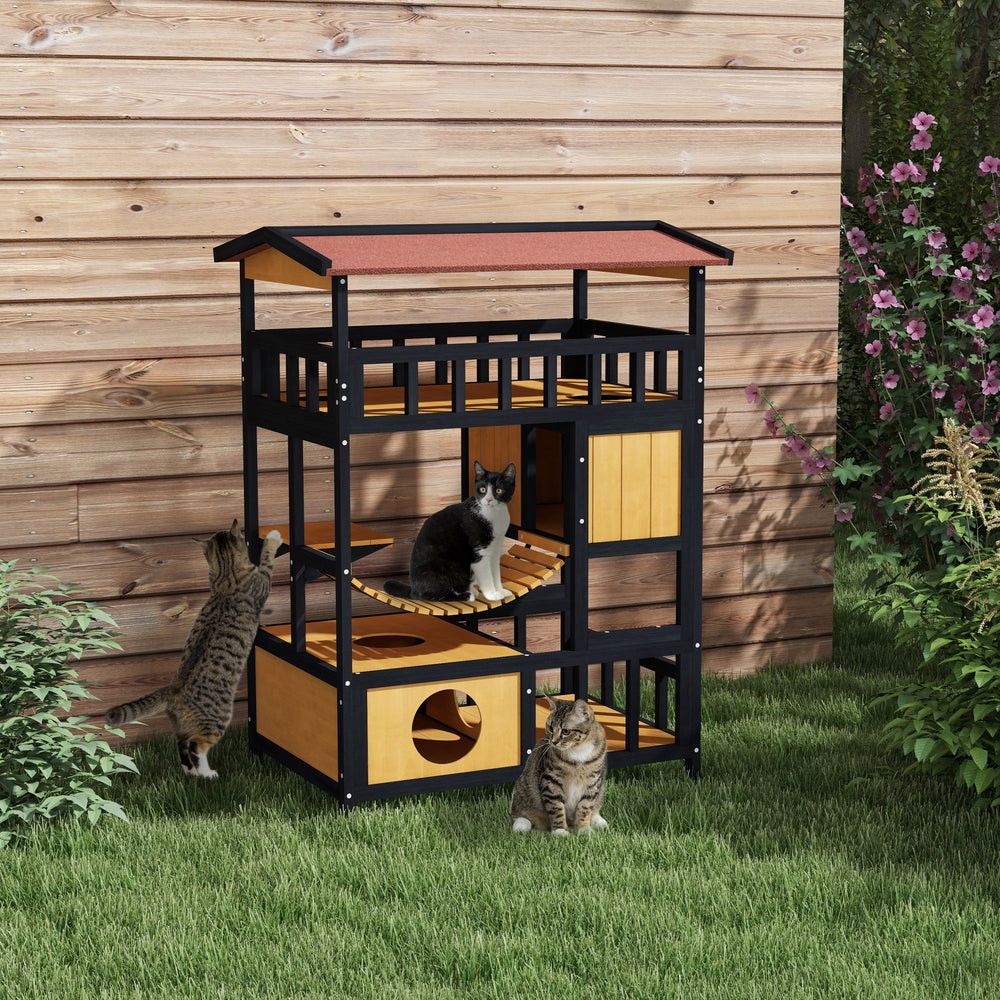 Outdoor Cat Shelter, Four-Tier Wooden Feral Cat House, with Suspension ...